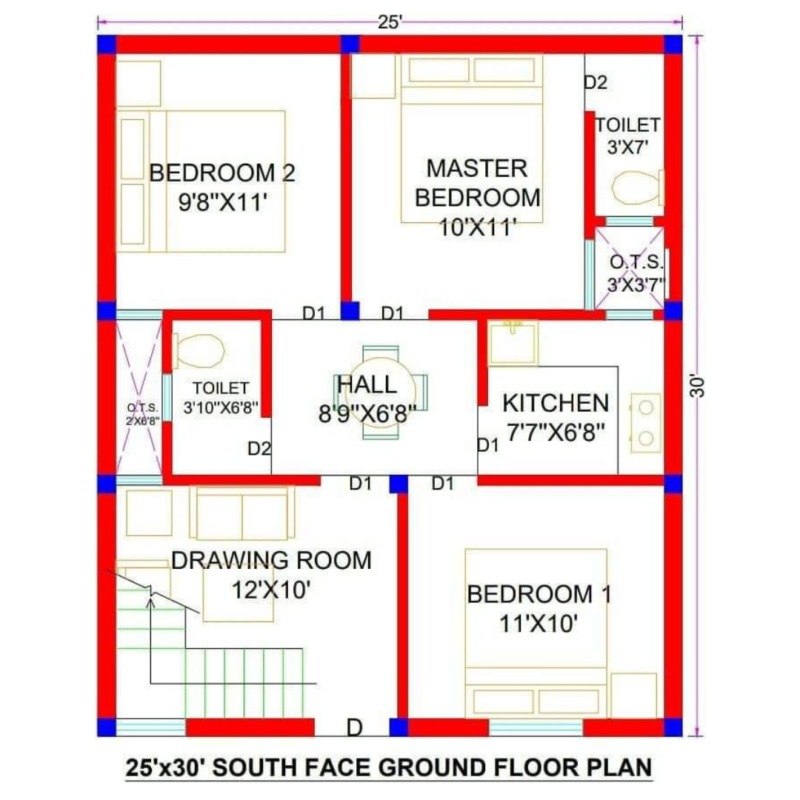 25x30 house plan and construction cost - HouseDesigns99